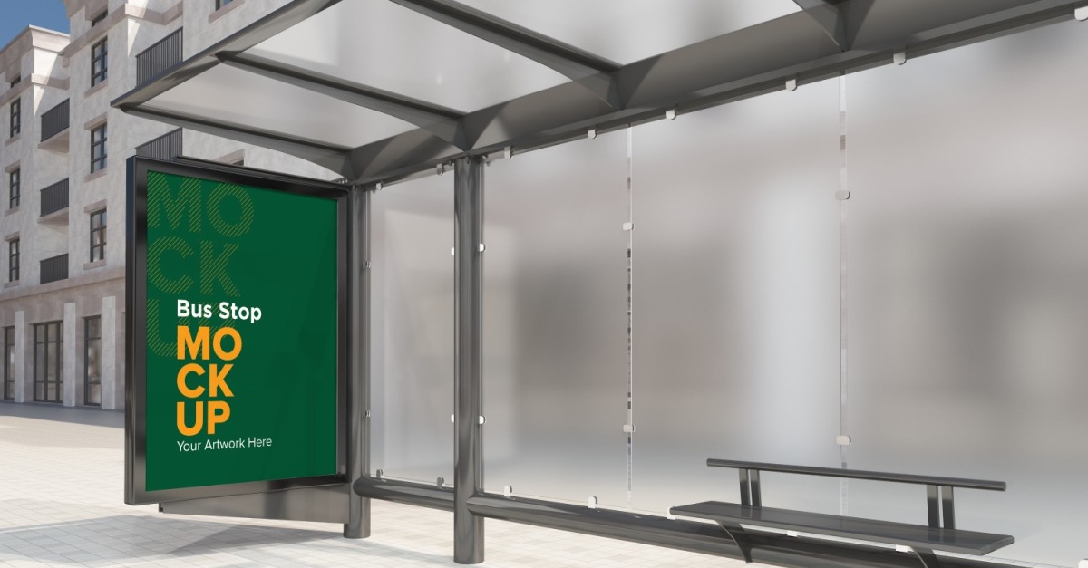 City Bus Shelter Outdoor Advertising Sign mockup Template v2