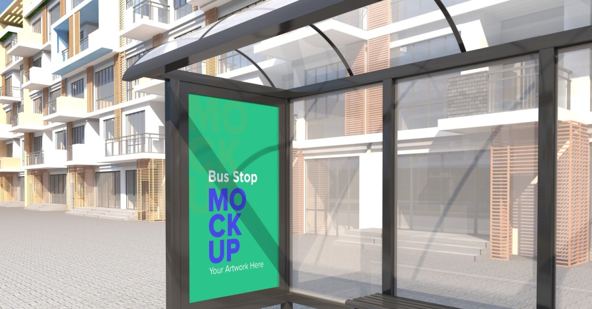 City Bus Shelter Advertising Signage mock Up Template v2
