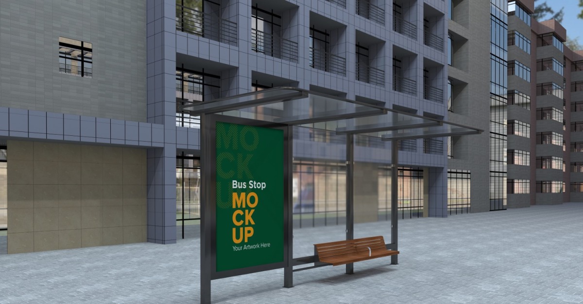 City Bus Shelter Outdoor Advertising Signage mock Up Template v2