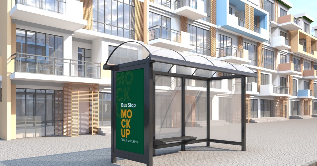 City Evening View Bus Stop Billboard mock Up Template v2