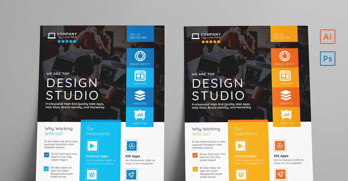 Multipurpose Printable A4 Design Company Studio Flyer PSD & AI