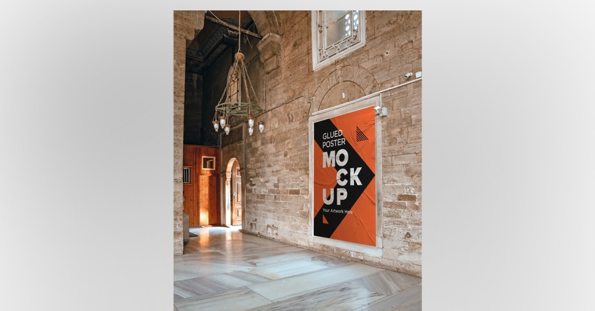 Glued Poster Mockup with Shadow Overlay effect on historical wall
