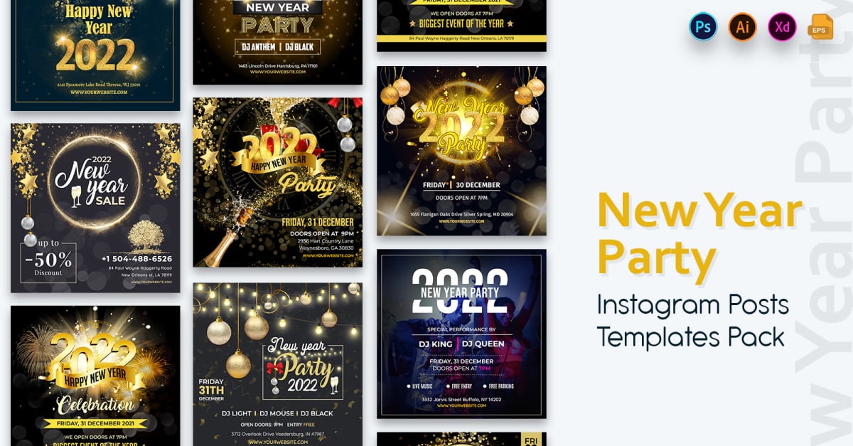 New Year Party Social Media Posts Templates - TemplateMonster