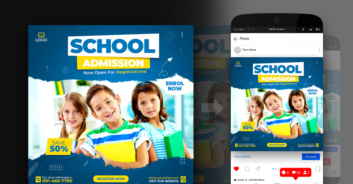 School Admission Social Media Instagram Or Facebook Post Design Template