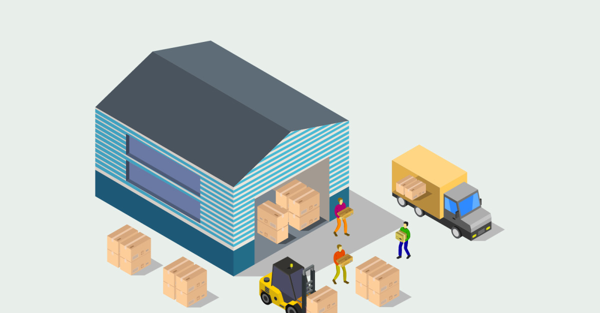 Almacén isométrico ilustrado en vector sobre un fondo
