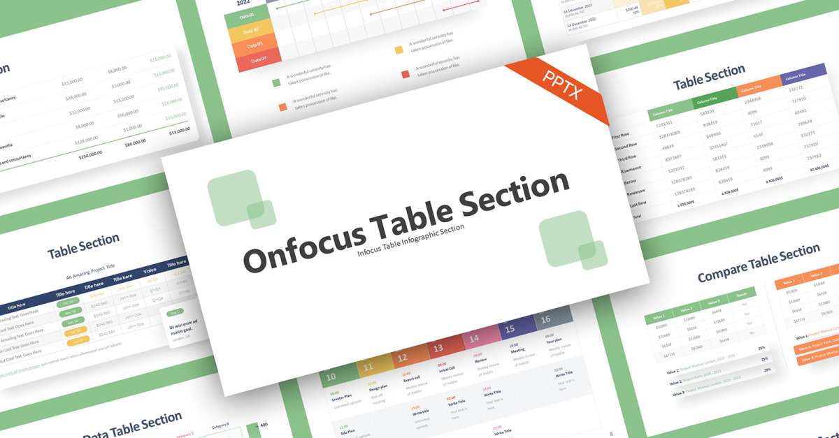 Modelo de PowerPoint de infográfico de seção de tabela Onfocus