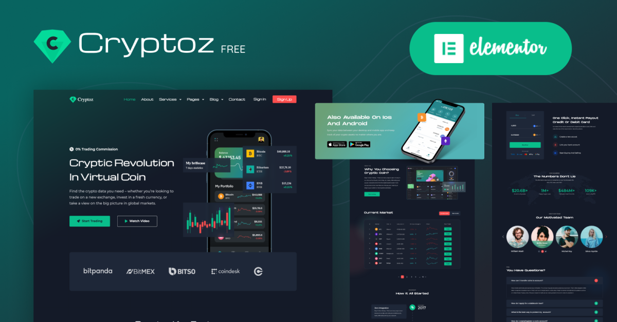 Cryptoz Free - Criptomoeda WordPress Tema Elementor