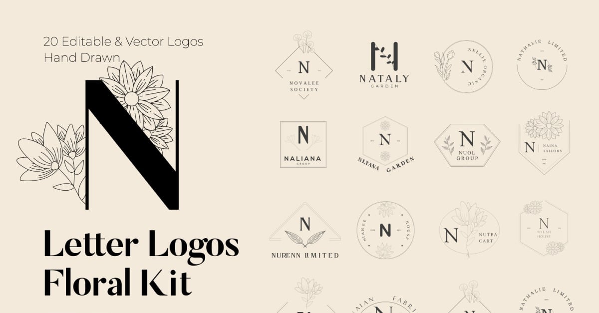 N Harfi Çiçek El Yapımı Logolar seti - TemplateMonster