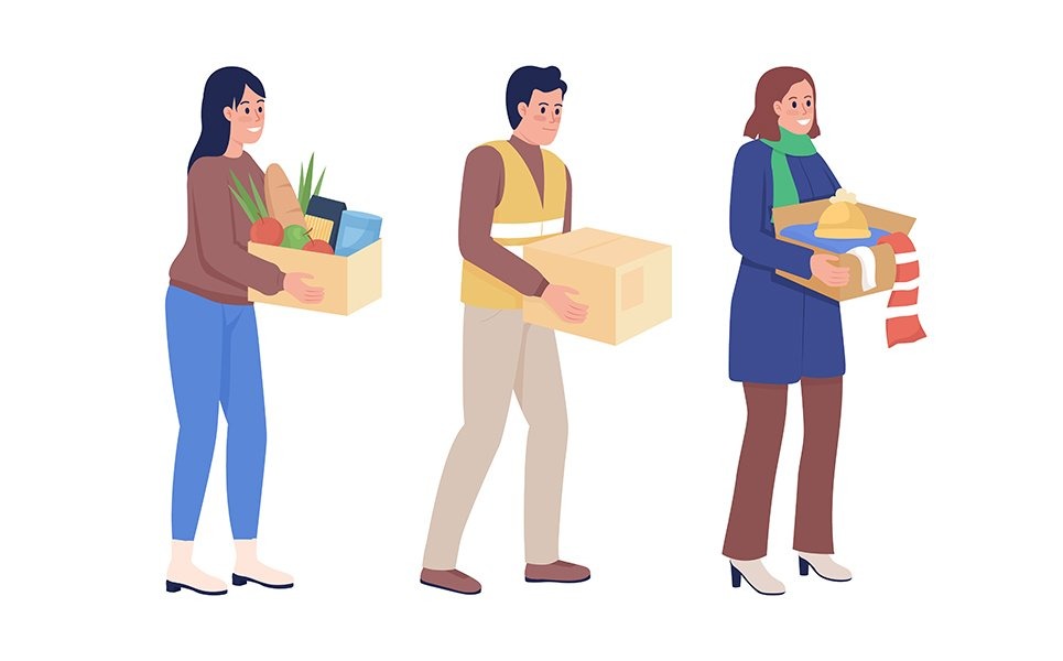 Bénévoles fournissant une aide humanitaire caractères vectoriels de ...