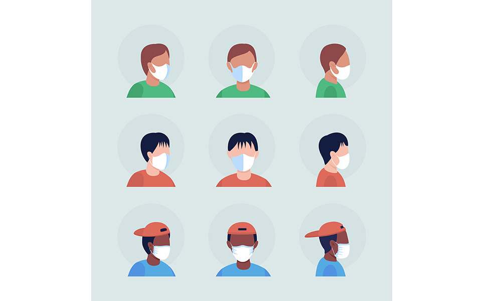 Surgical white masks semi flat color vector character avatar set