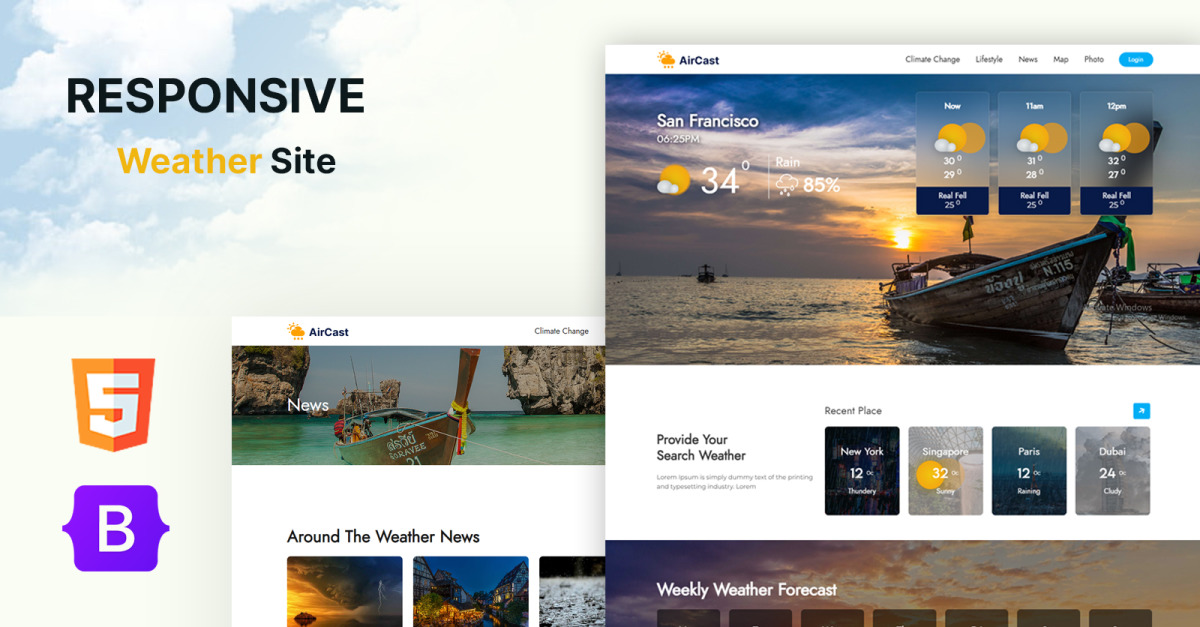 Aircast - Plantilla de sitio web HTML5 de pronóstico del tiempo y noticias