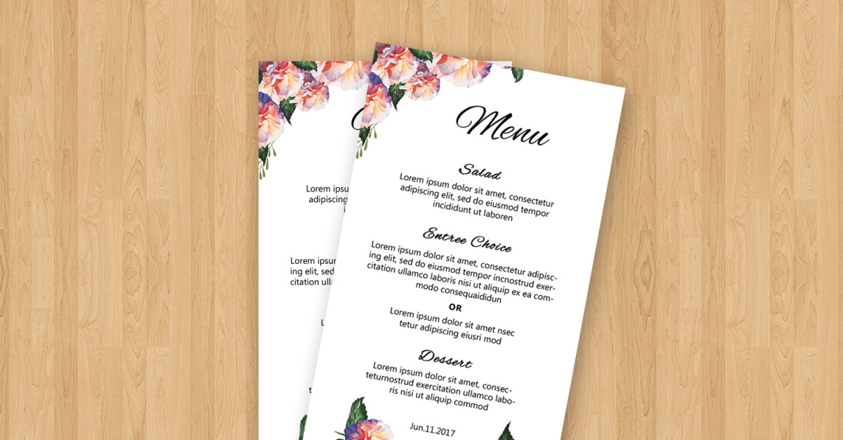 Modello di carta del menu di nozze, Ms Word e Photoshop