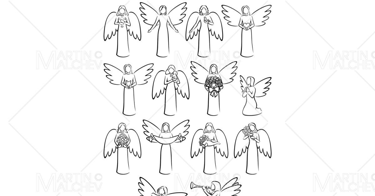 Angels Line Art Set Vector Illustration - TemplateMonster