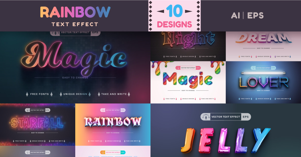 Définir 10 effets de texte modifiables arc-en-ciel, styles de police, illustration de conception