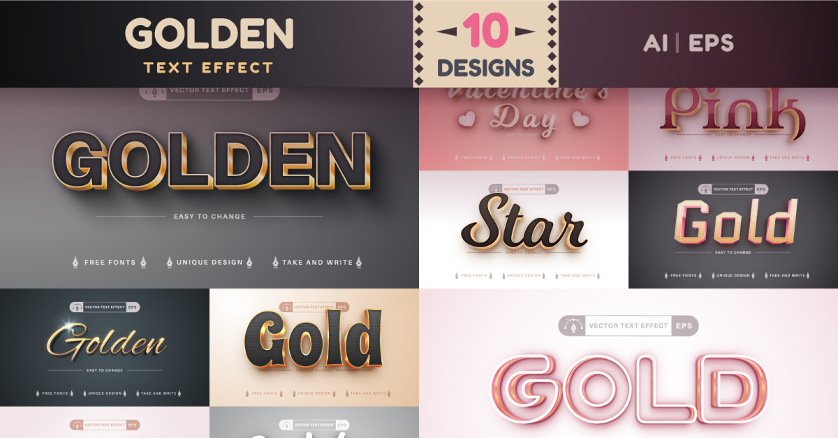 Définir 10 effets de texte modifiables dorés | Styles de police, illustration de conception