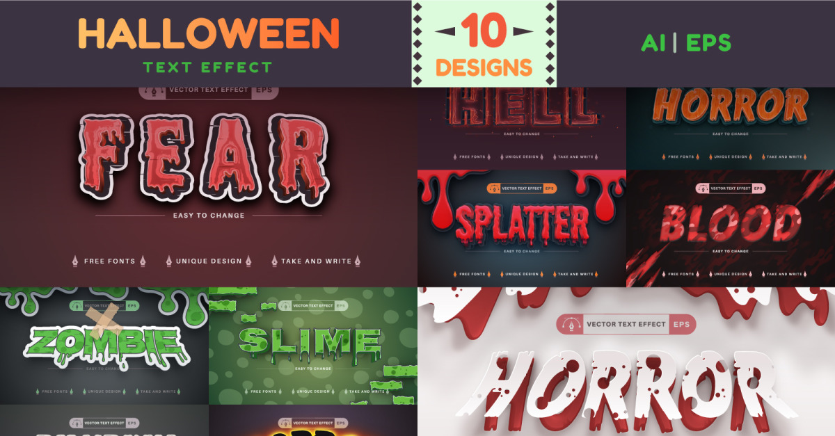 Set 10 effets de texte modifiables Halloween Horror | Styles de police, illustration de conception