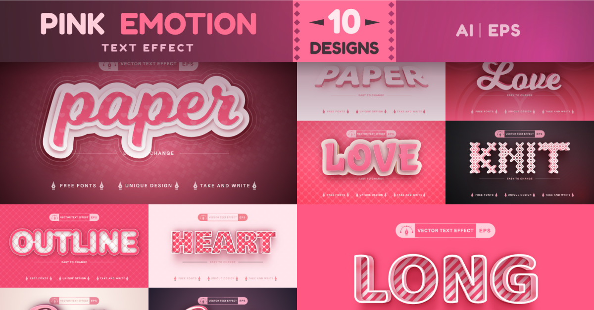 Set 10 effets de texte modifiables Pink Love | Styles de police, illustration de conception