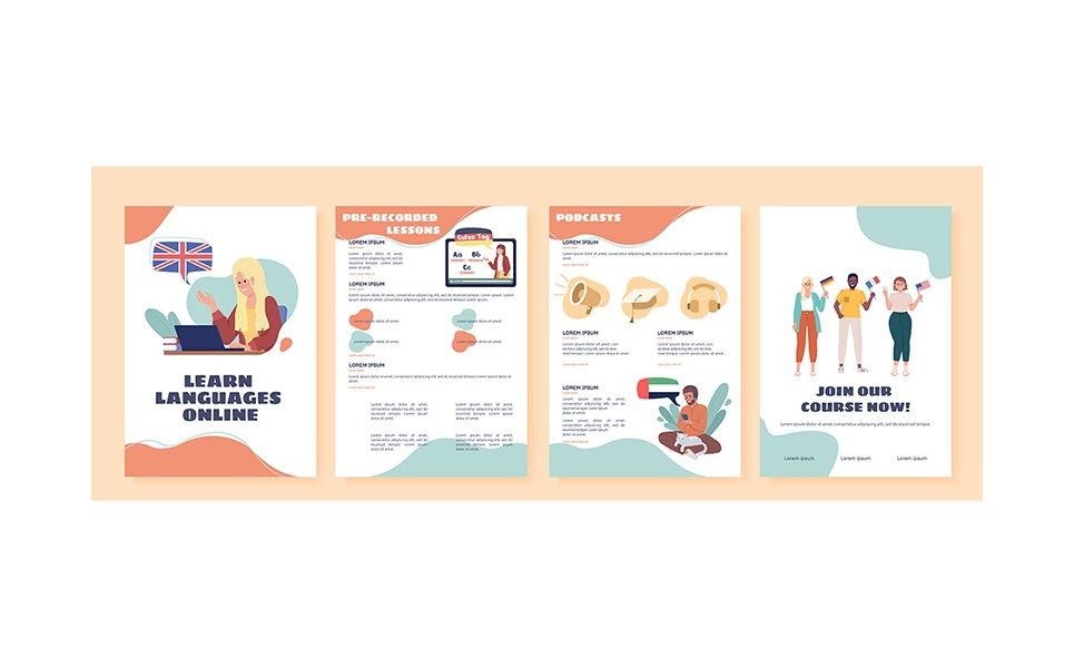 Learn languages online flat vector brochure template