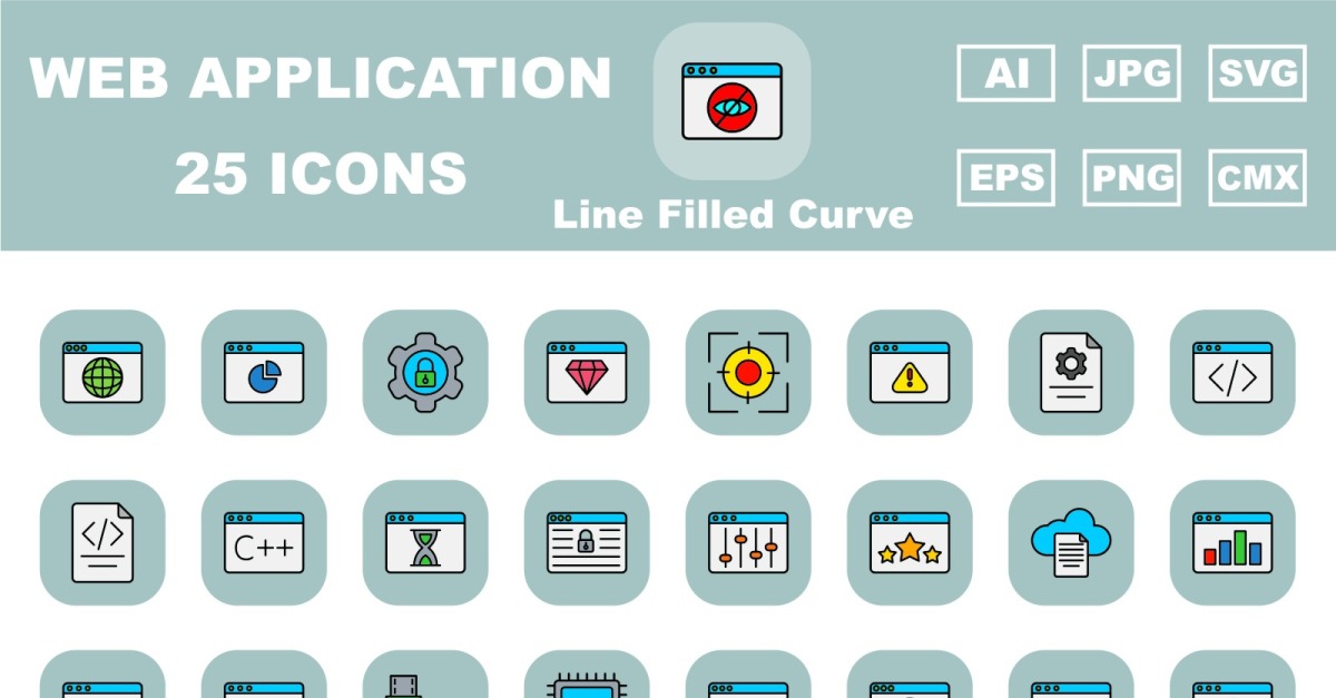 25 Premium Web and Application Line Filled Curve Icon Pack
