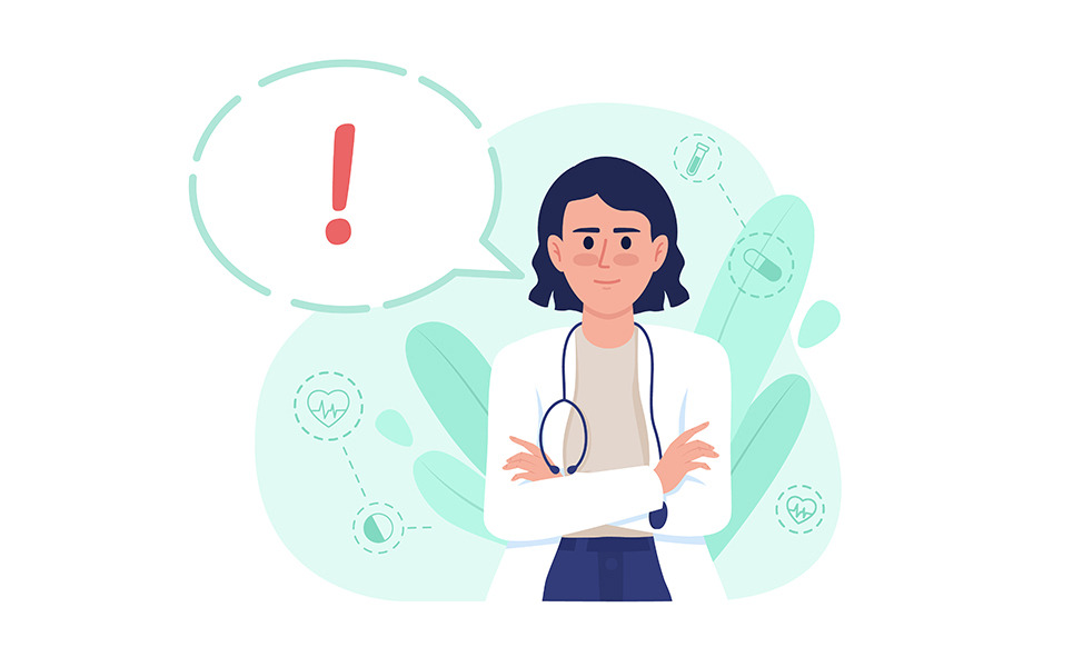 Médecin et point d'exclamation illustration vectorielle 2D isolée