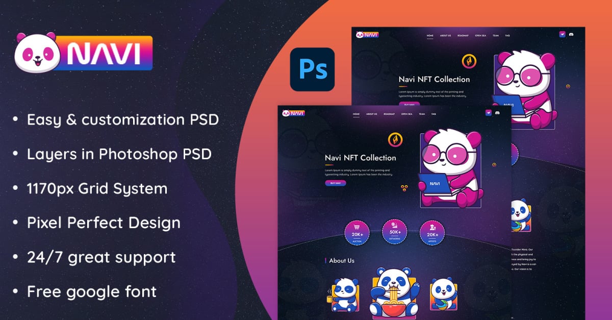 Plantilla PSD de página de aterrizaje personalizada Navi -NFT