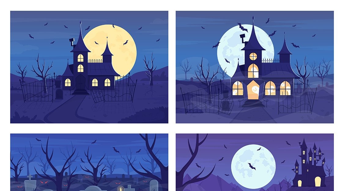 Creepy nighttime flat color vector illustration set