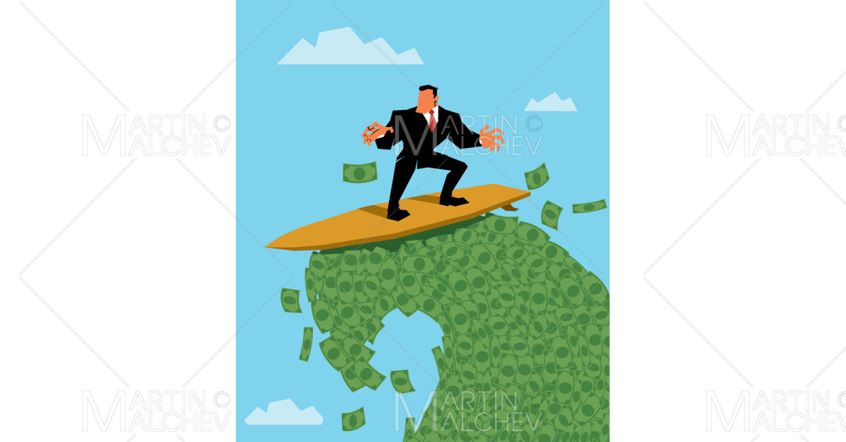 Businessman Riding Money Wave Vector Illustration