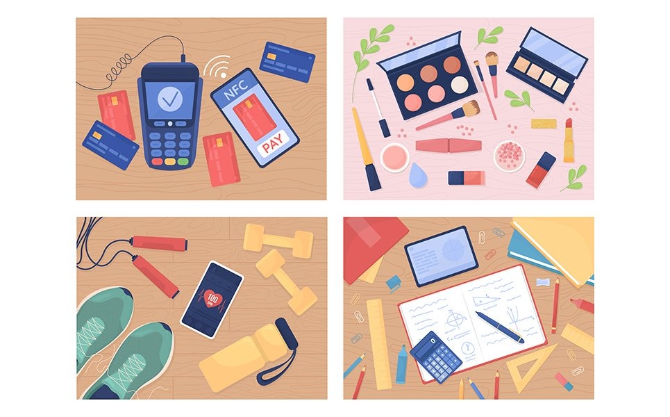 Mesa con objetos conjunto de ilustración de vector de color plano