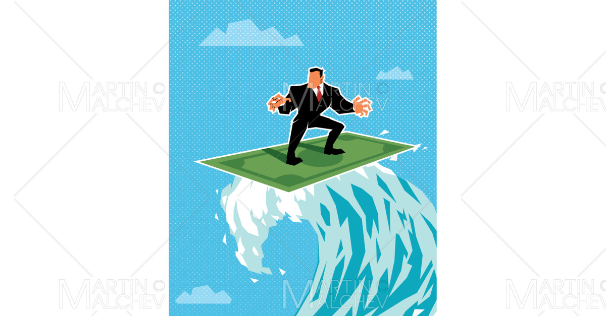 Businessman Surfing on Dollar Vector Illustration
