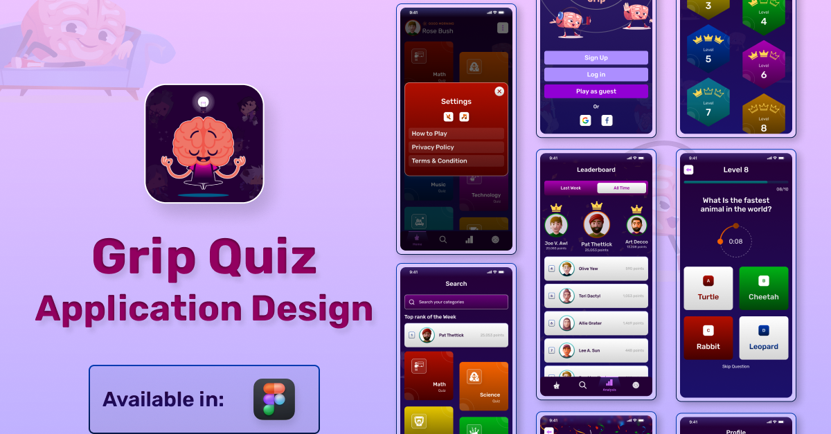 Grip Quiz - Kit Figma para aplicativo móvel - TemplateMonster