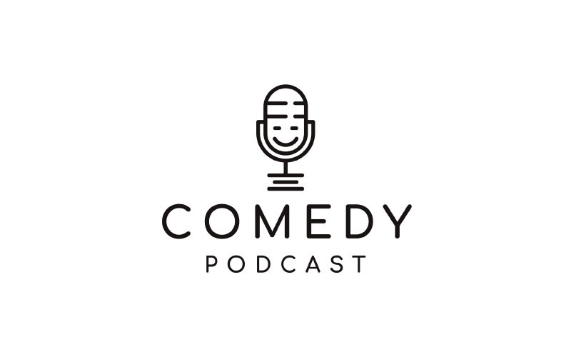 Line art Microfone e Sorriso, Podcast Comedy Logo Design Inspiração