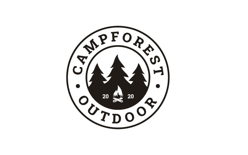 Emblema de camping forestal con plantilla de logotipo de carpa y pinos