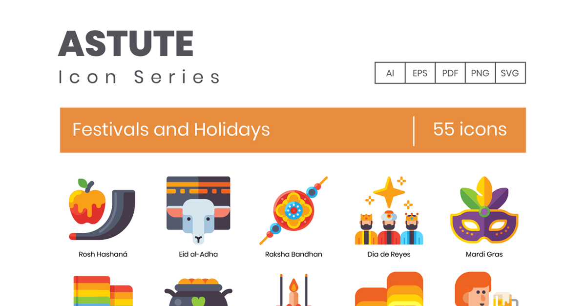 55 Feste und Feiertage Icon Set - Astute Series