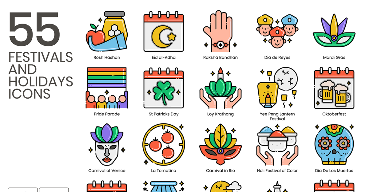 55 Festivals and Holidays Icon Set - Aesthetics Series