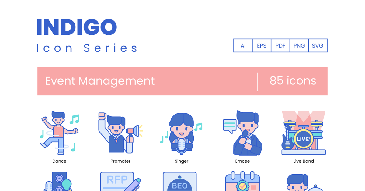 85 Event Management Icons - Indigo Series - TemplateMonster