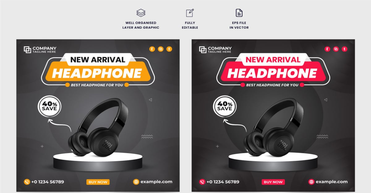 Modern headphone business poster vector - TemplateMonster