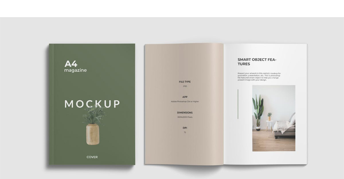 Open and Closed A4 Magazine Mockup Top Angle View