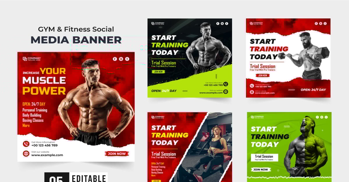 Fitness gym social media post set vector - TemplateMonster