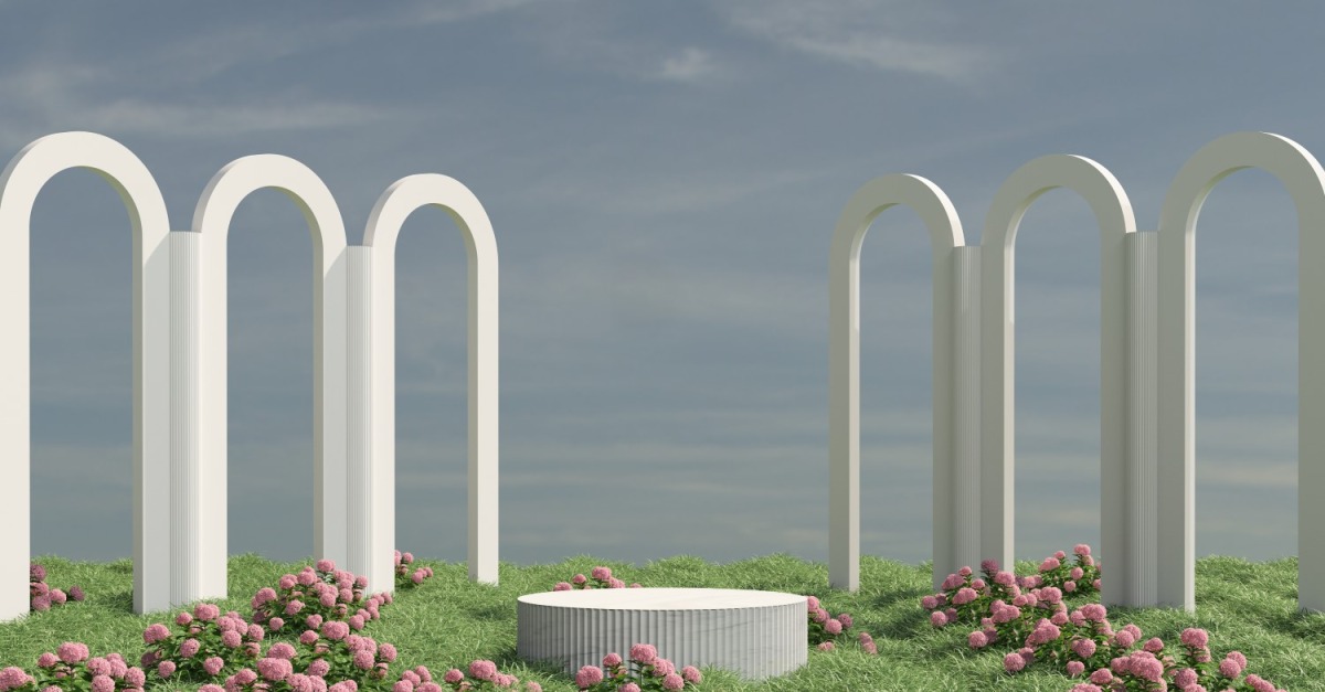 Product Presentation Podium with grass field and arches