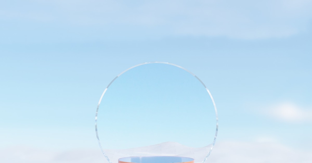 Podium with circle glass window on the water reflection