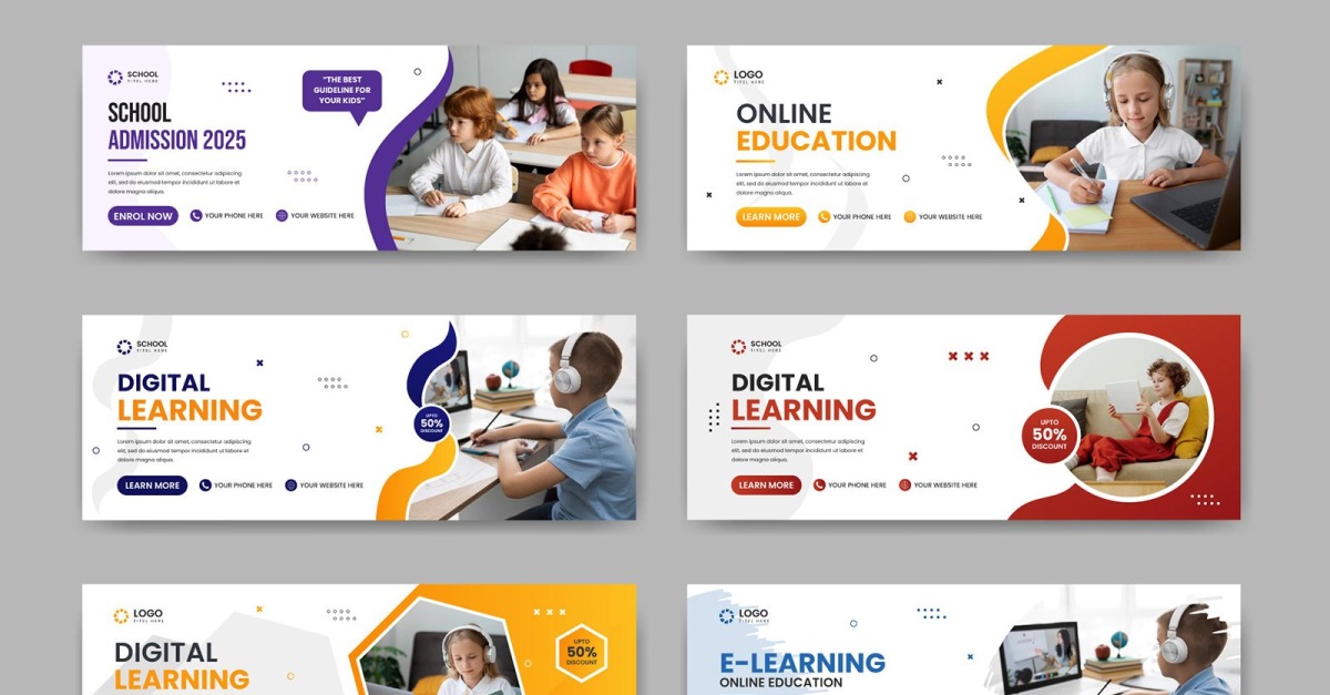 Digital learning facebook cover banner template and school admission ...