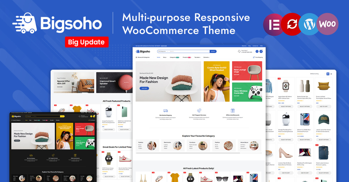 Bigsoho - Tema premium multipropósito para Elementor y WooCommerce adaptable