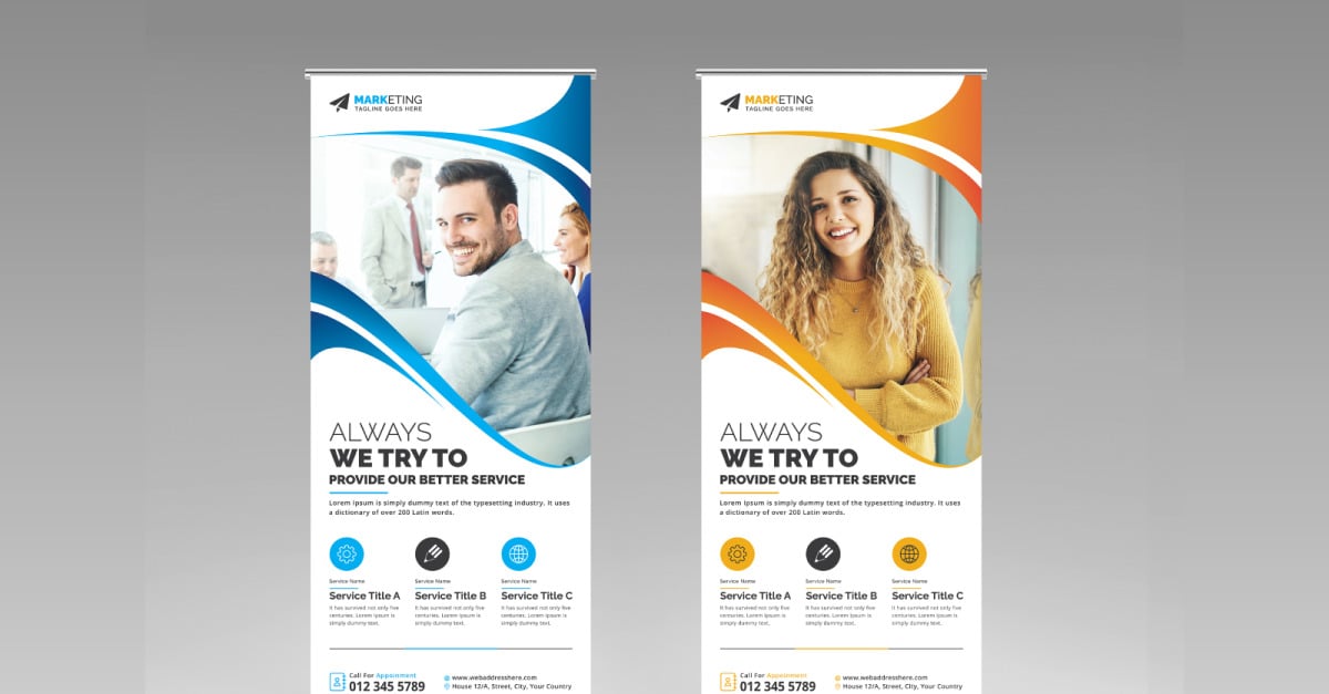 Banner corporativo moderno e estiloso de enrolar, banner em X, estande ...