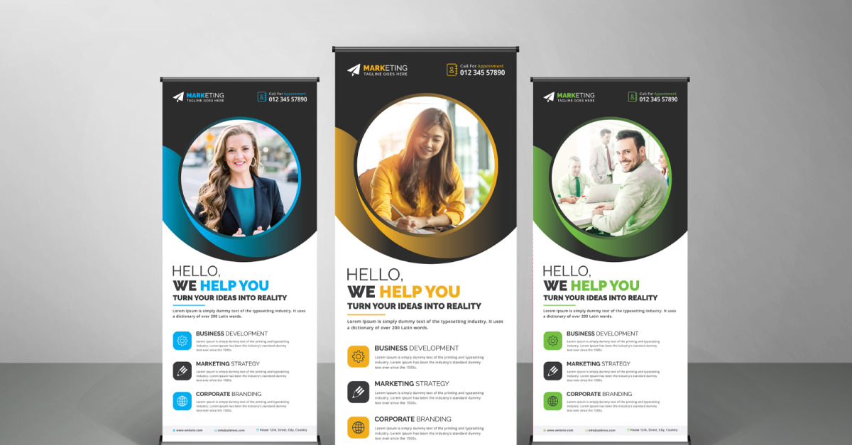 Banner de enrolar corporativo azul, amarelo, verde, banner X, design de ...