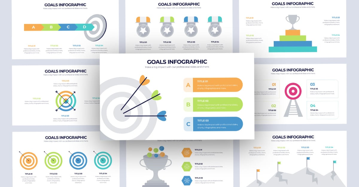 Modelo de PowerPoint de infográfico de metas de negócios