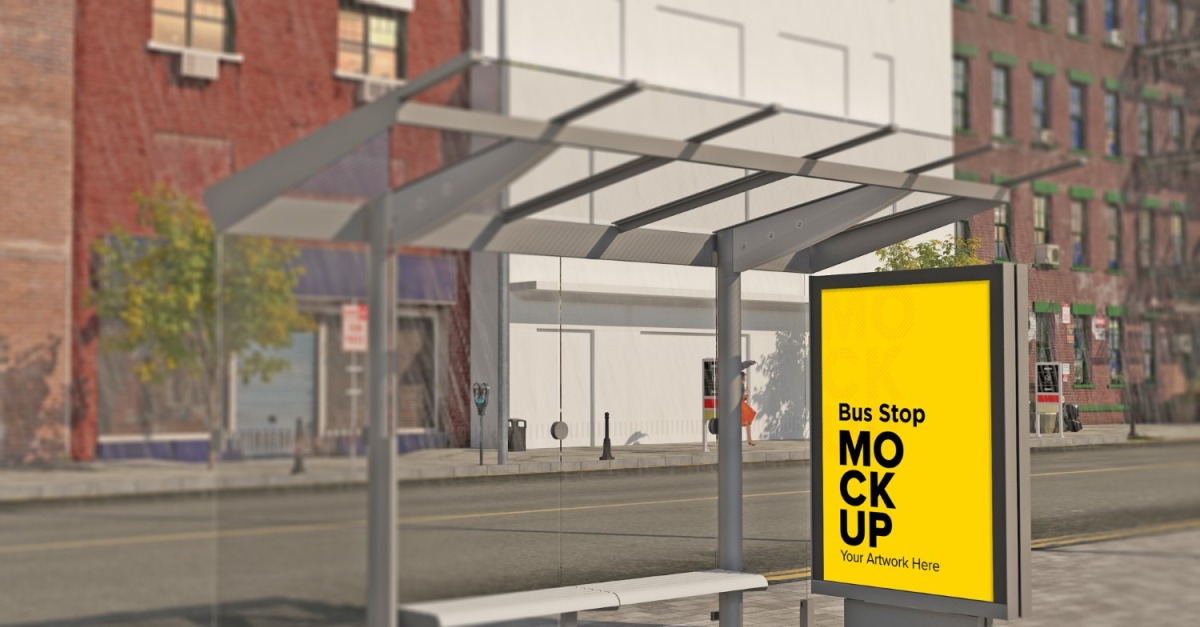 City Bus Stop with Sign mockup Template - TemplateMonster