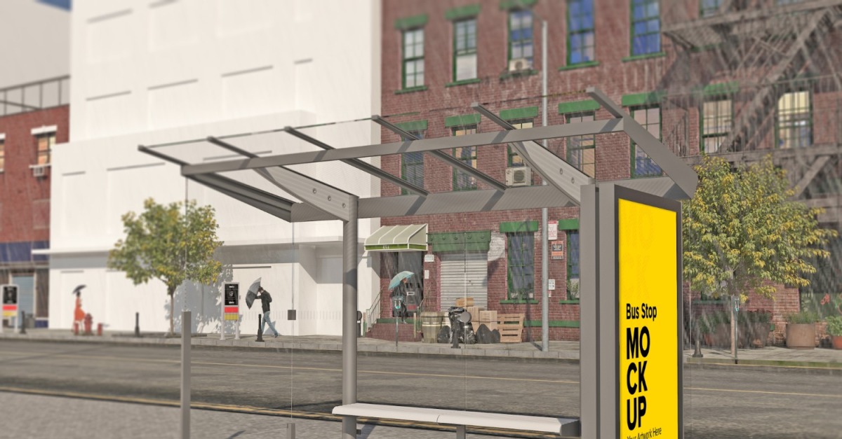 City Bus Stop with Signage mockup Template - TemplateMonster