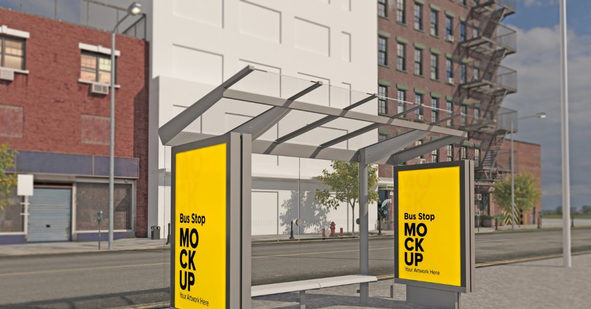 Plantilla de maqueta de parada de autobús de carretera con dos carteles