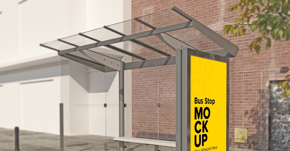 Road Side View Bus Stop Sign mockup Template