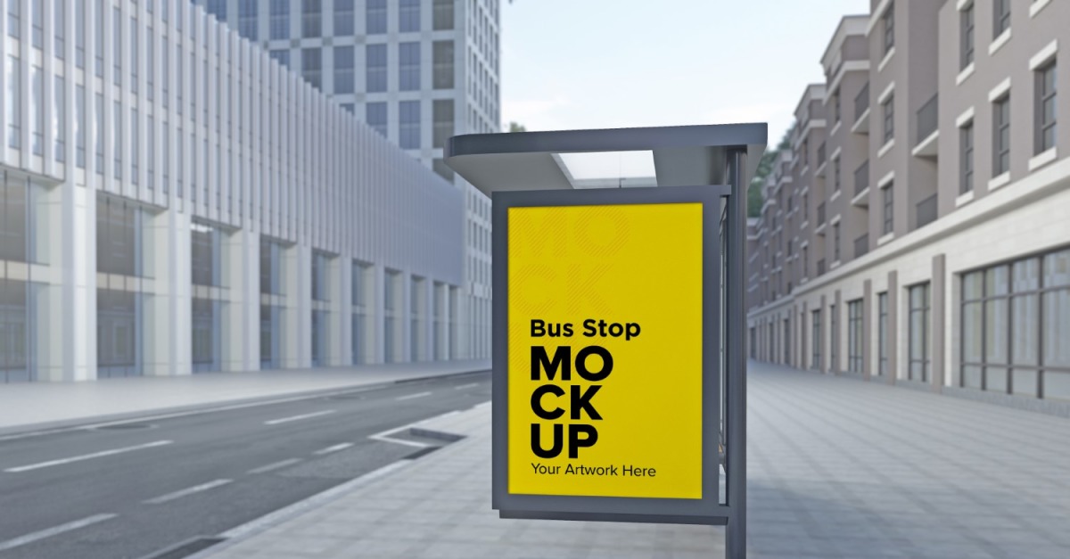 Evening View Bus Stop Sign mockup Template Side Perspective